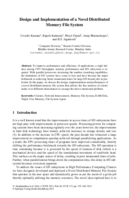 (PDF) Design and Implementation of a Novel Distributed Memory File System (PDF) Design and Implementation of a Novel Distributed Memory File System