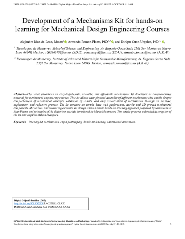 (PDF) Development of a Mechanisms Kit for hands-on learning for ...