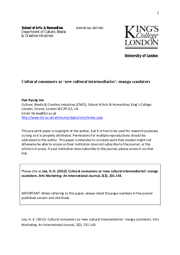 (PDF) Cultural consumers as “new cultural intermediaries”: manga scanlators