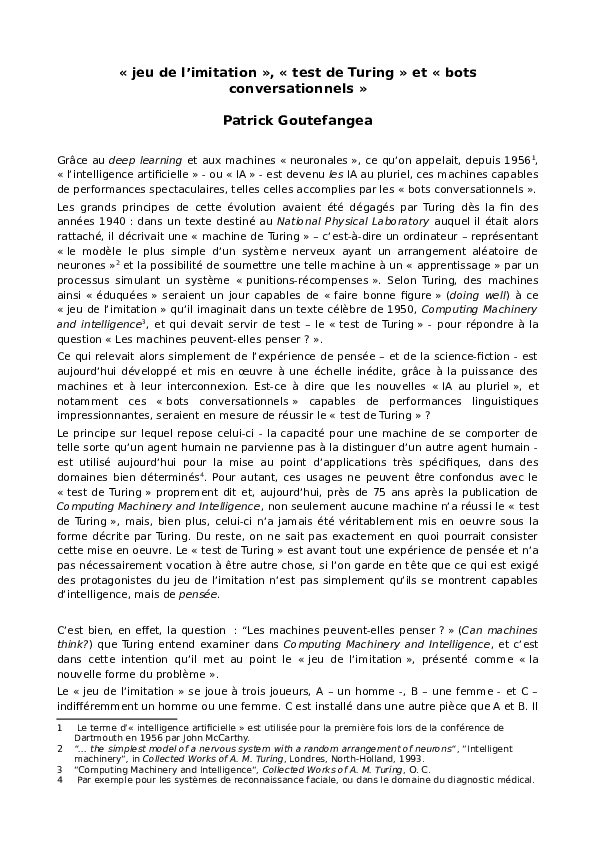 (PDF) jeu de l'imitation », « test de Turing » et « bots ...