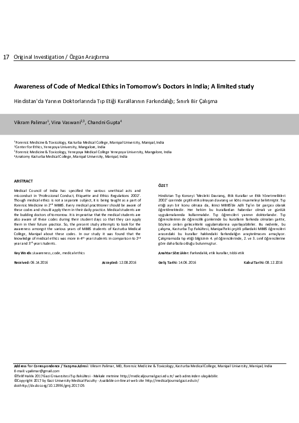 (PDF) Awareness of Code of Medical Ethics in Tomorrow’s Doctors in ...
