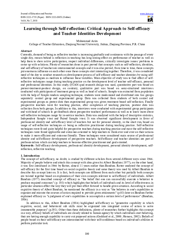 (PDF) Learning through Self-reflection: Critical Approach to Self-efficacy and Teacher ...