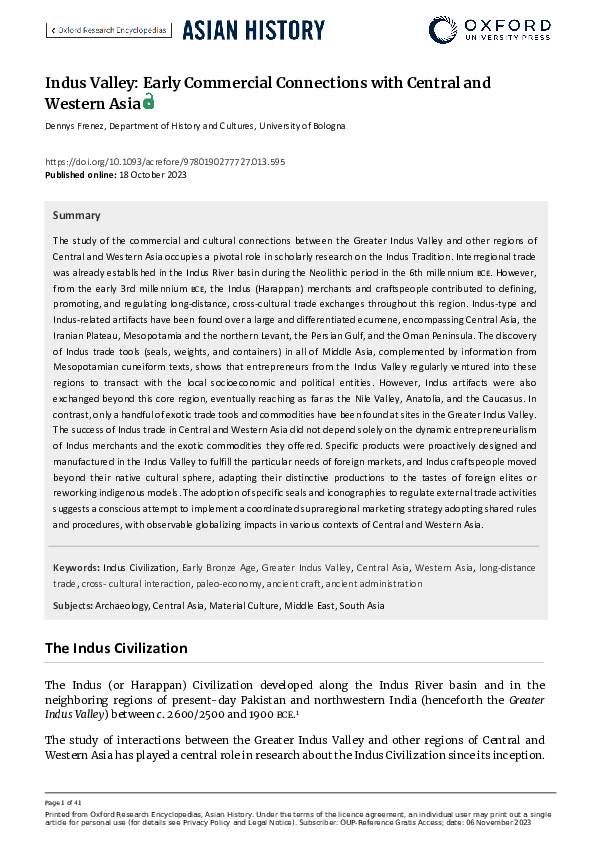 (PDF) Indus Valley: Early Commercial Connections with Central and ...