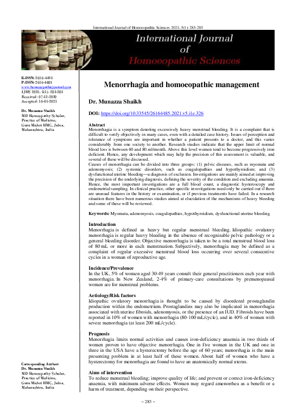 (PDF) Menorrhagia and homoeopathic management