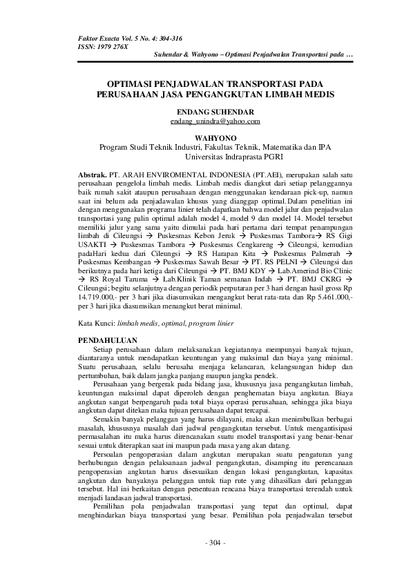 (PDF) Optimasi Penjadwalan Transportasi Pada Perusahaan Jasa Pengangkutan Limbah Medis