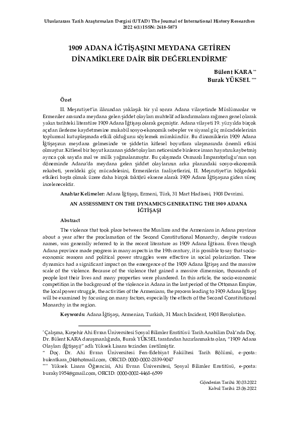 (PDF) 1909 ADANA İĞTİŞAŞINI MEYDANA GETİREN DİNAMİKLERE DAİR BİR DEĞERLENDİRME