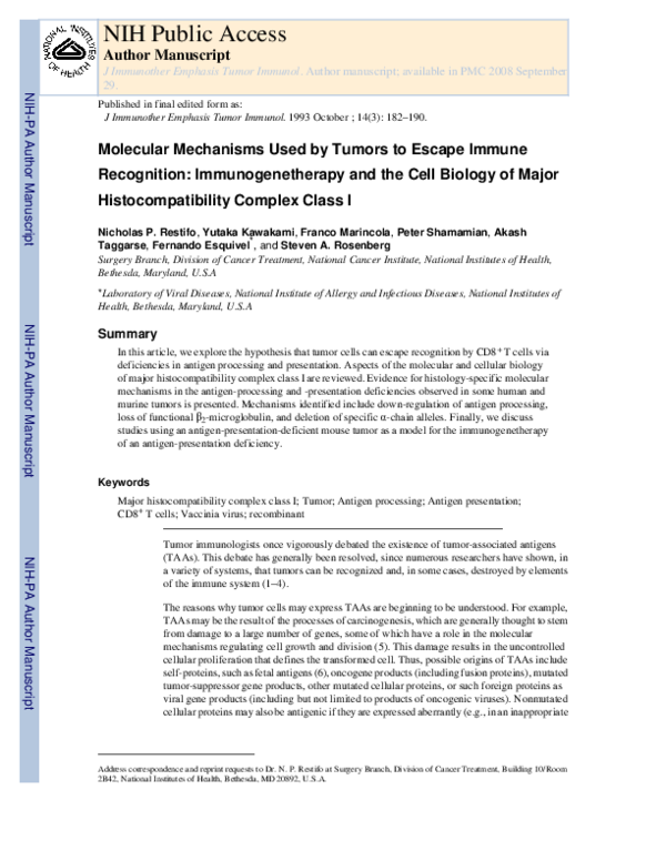 (PDF) Molecular Mechanisms Used by Tumors to Escape Immune Recognition