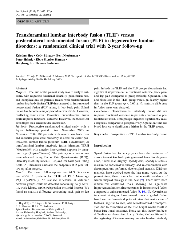 (PDF) Transforaminal lumbar interbody fusion (TLIF) versus ...