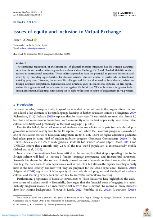 (PDF) Issues of equity and inclusion in Virtual Exchange