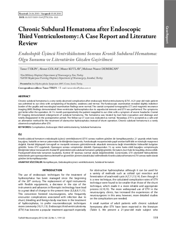 (PDF) Chronic subdural hematoma after endoscopic third ventriculostomy: a case report and ...