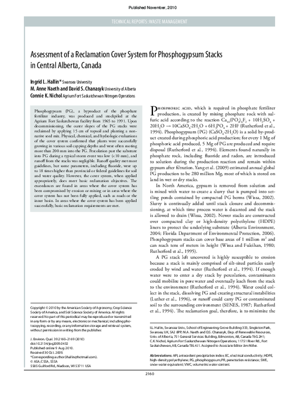 (PDF) Assessment of a Reclamation Cover System for Phosphogypsum Stacks ...