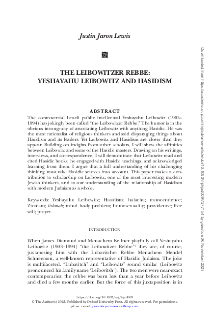 (PDF) THE LEIBOWITZER REBBE: YESHAYAHU LEIBOWITZ AND HASIDISM
