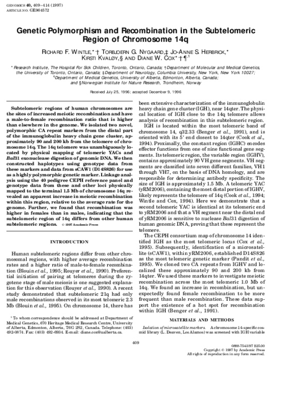 (PDF) Genetic Polymorphism and Recombination in the Subtelomeric Region ...