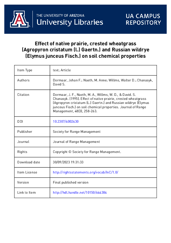 (PDF) Effect of Native Prairie, Crested Wheatgrass (Agropyron Cristatum ...