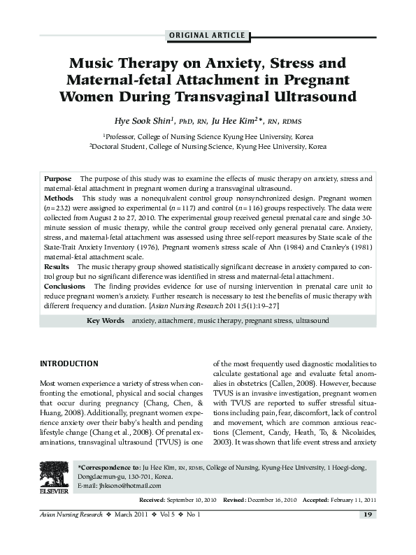 Pdf Music Therapy On Anxiety Stress And Maternal Fetal Attachment In