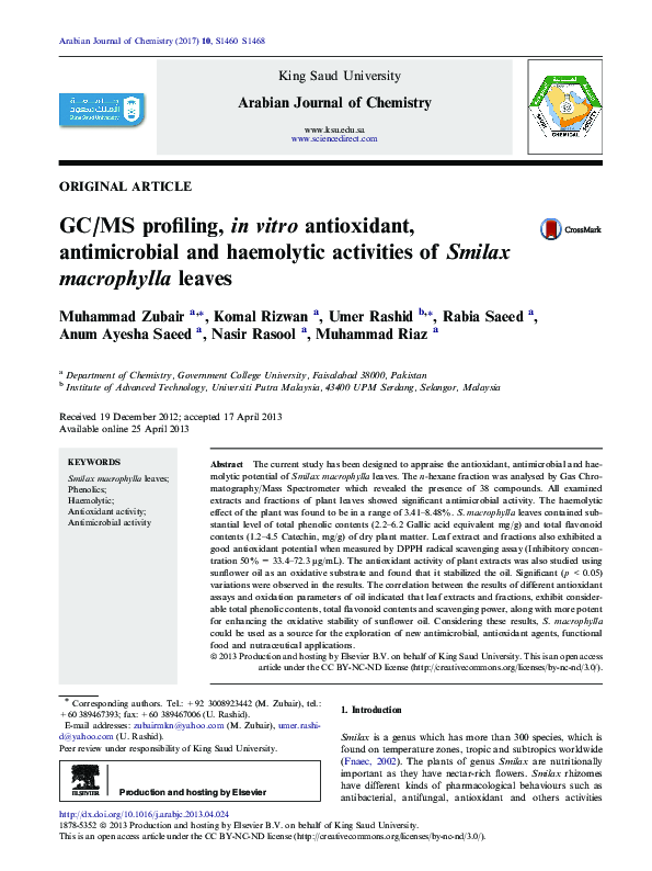 (PDF) GC/MS profiling, in vitro antioxidant, antimicrobial and haemolytic activities of Smilax ...