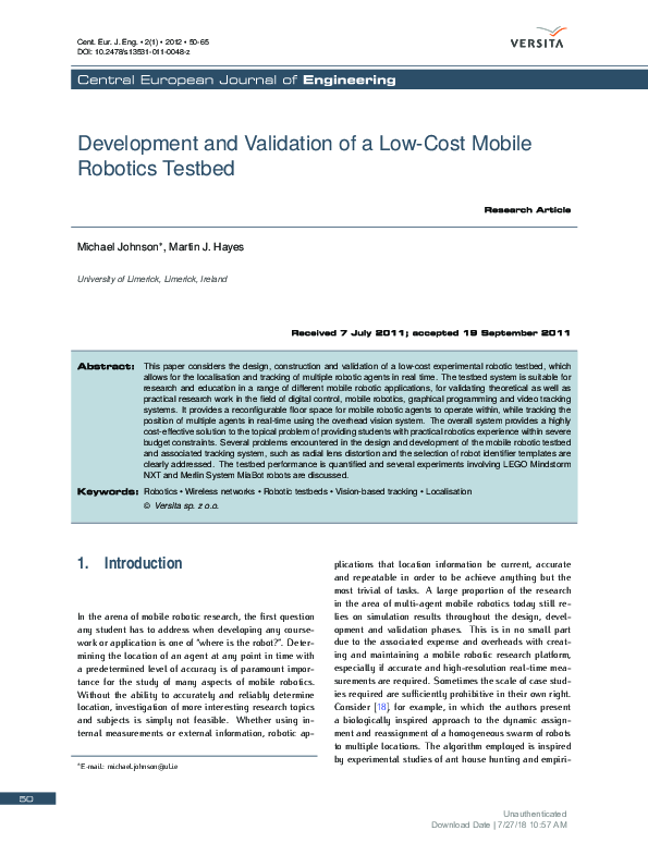 (PDF) Development and validation of a low-cost mobile robotics testbed