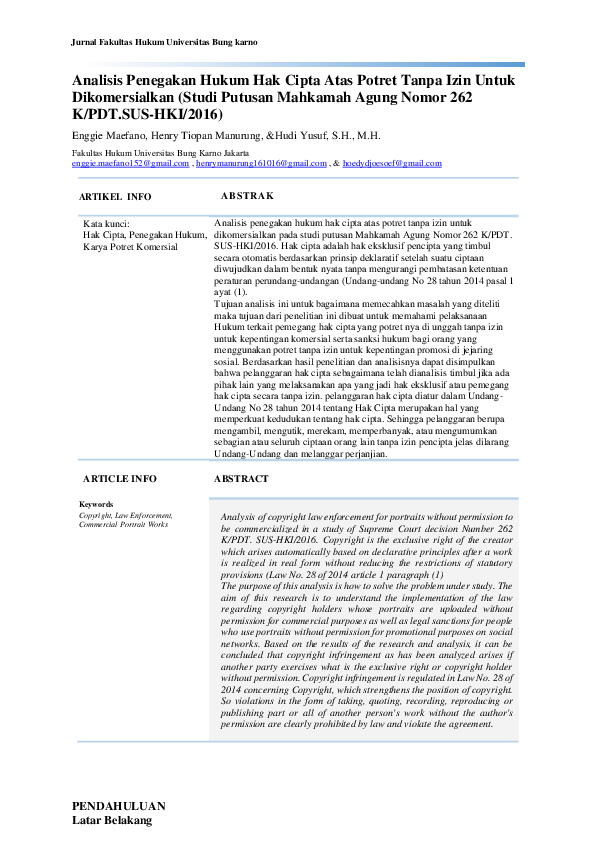 (PDF) Analisis Penegakan Hukum Hak Cipta Atas Potret Tanpa Izin Untuk Dikomersialkan (Studi ...