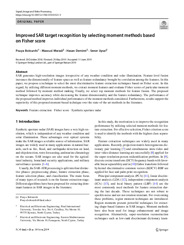 (PDF) Improved SAR target recognition by selecting moment methods based on Fisher score | Pouya ...