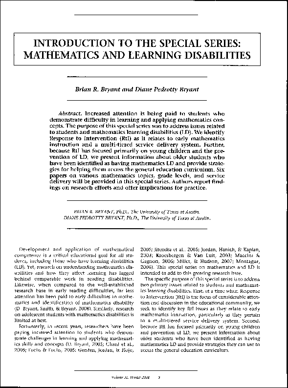 (PDF) Introduction to the Special Series: Mathematics and Learning Disabilities