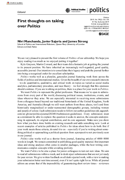 (PDF) First thoughts on taking over Politics
