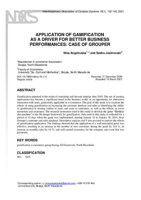 (PDF) Application of Gamification as a Driver for better Business Performances: Case of Grouper