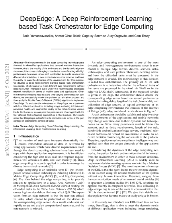 (PDF) DeepEdge: A Deep Reinforcement Learning Based Task Orchestrator for Edge Computing
