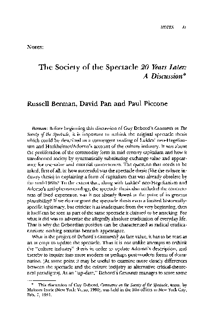 (PDF) The Society of the Spectacle 20 Years Later: A Discussion