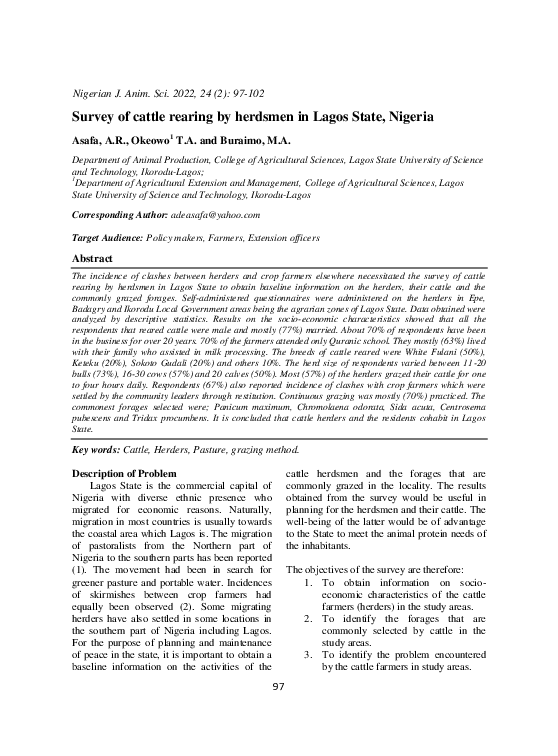 (PDF) Survey of cattle rearing by herdsmen in Lagos State, Nigeria