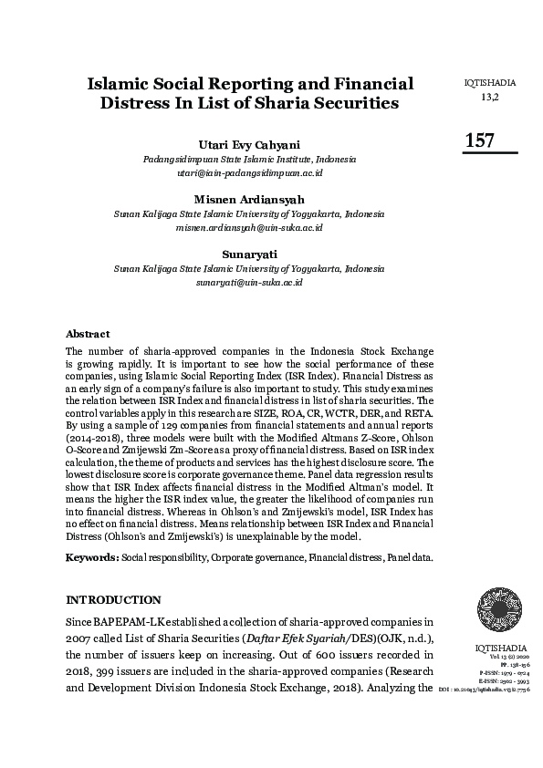(PDF) Islamic Social Reporting and Financial Distress In List of Sharia ...