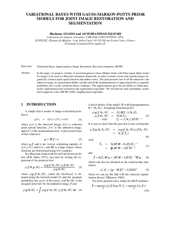 Pdf Variational Bayes With Gauss Markov Potts Prior Models For Joint Image Restoration And 