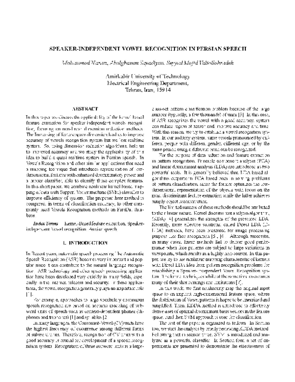 (PDF) Speaker-Independent Vowel Recognition in Persian Speech