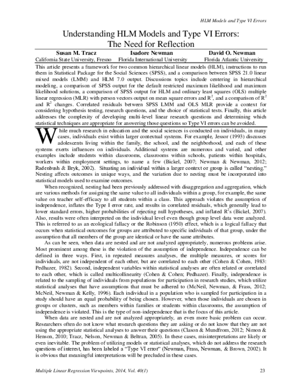 (PDF) Understanding HLM Models and Type VI Errors: The Need for Reflection