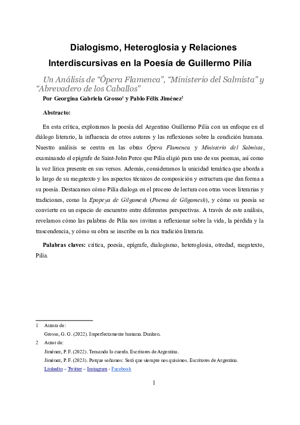 (PDF) Dialogismo, Heteroglosia y Relaciones Interdiscursivas en la Poesía de Guillermo Pilía