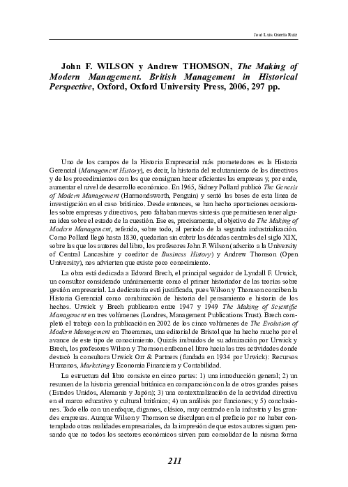 (PDF) John F. WILSON y Andrew THOMSON, The Making of Modern Management ...