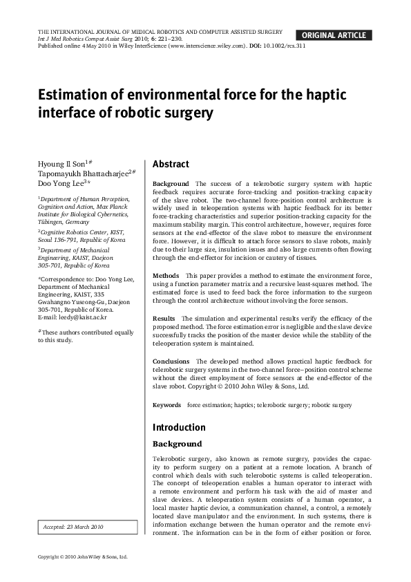Pdf Estimation Of Environmental Force For The Haptic Interface Of Robotic Surgery