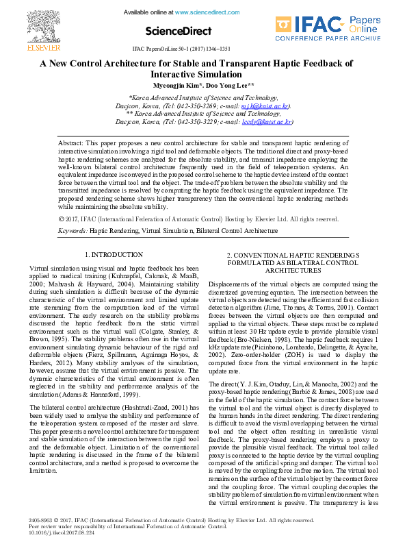 (PDF) A New Control Architecture for Stable and Transparent Haptic Feedback of Interactive ...