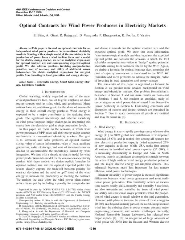 (PDF) Optimal contracts for wind power producers in electricity markets