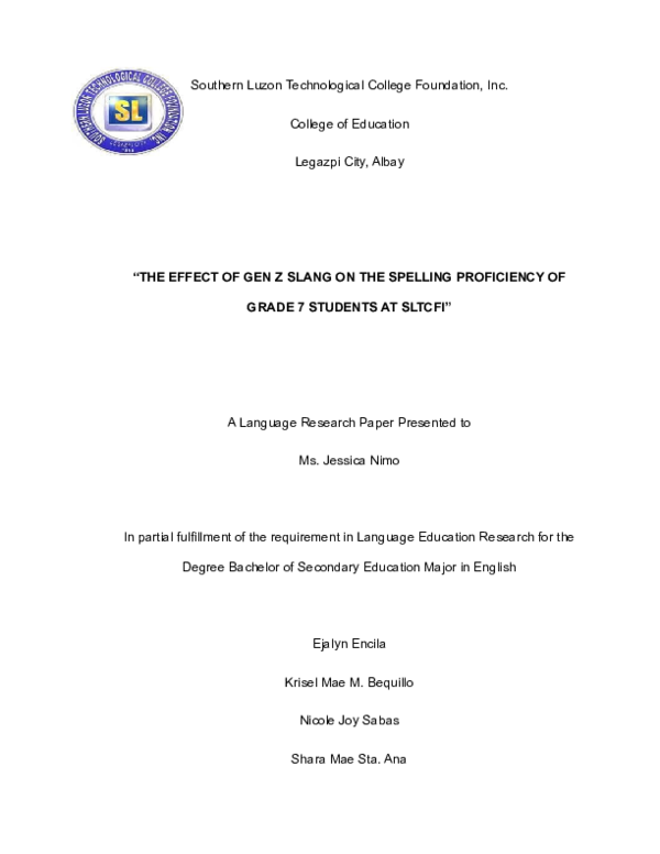 (DOC) "THE EFFECT OF GEN Z SLANG ON THE SPELLING PROFICIENCY OF GRADE 7 ...