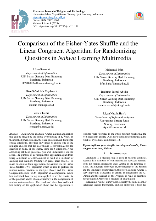 (PDF) Comparison of the Fisher-Yates Shuffle and the Linear Congruent ...