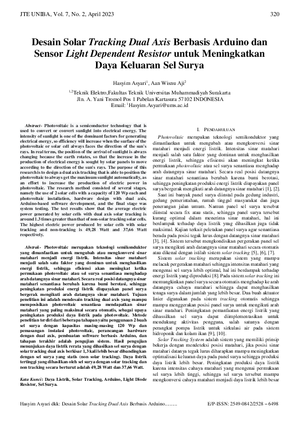 Pdf Desain Solar Tracking Dual Axis Berbasis Arduino Dan Sensor Light Dependent Resistor Untuk