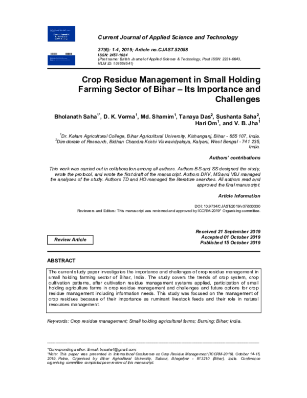 (PDF) Crop Residue Management in Small Holding Farming Sector of Bihar – Its Importance and ...