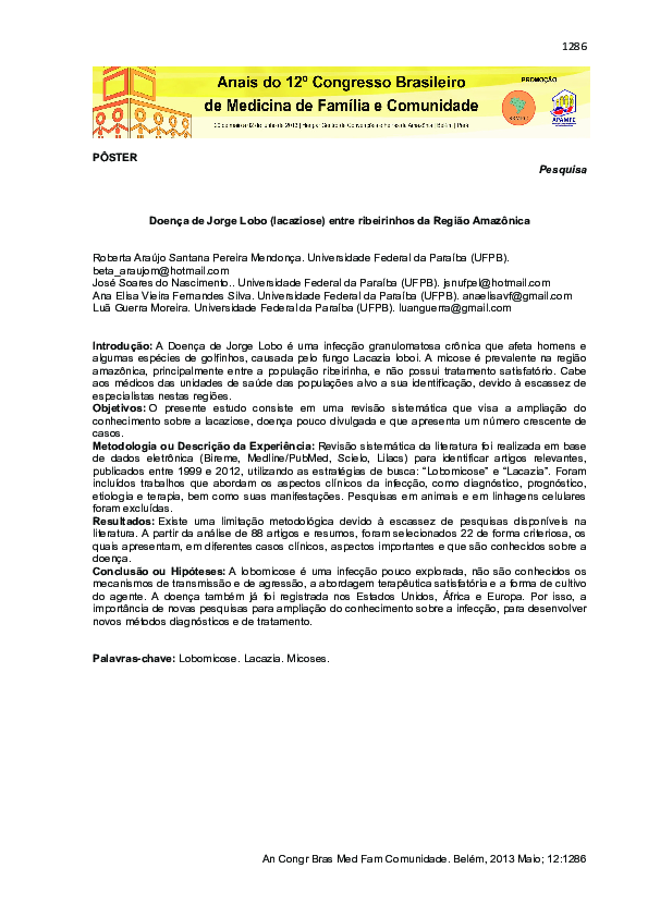 (PDF) Doença de Jorge Lobo (lacaziose) entre ribeirinhos da Região ...