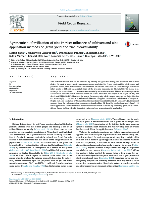 (PDF) Agronomic biofortification of zinc in rice: Influence of ...