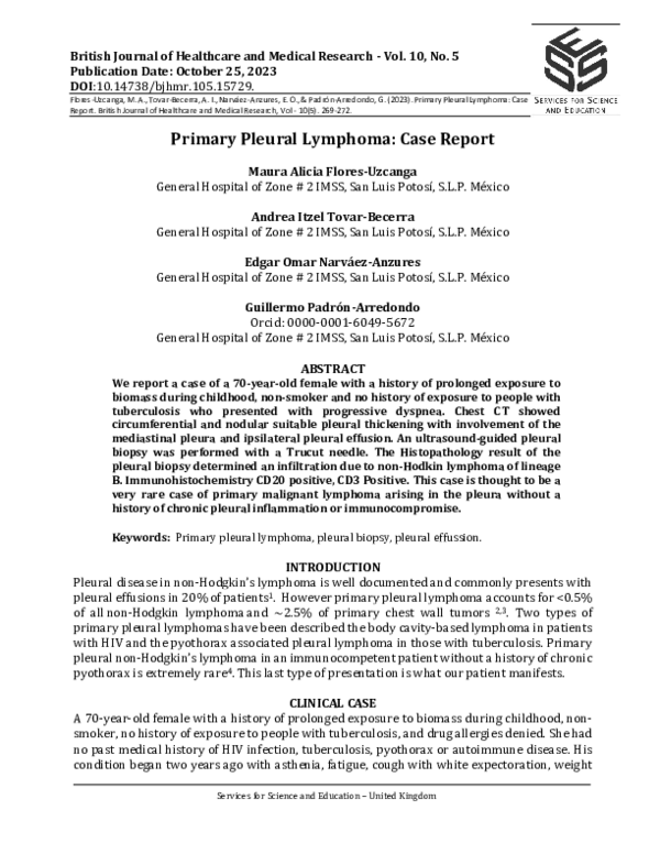 (PDF) Primary Pleural Lymphoma: Case Report