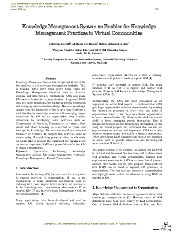 (PDF) Knowledge management system as enabler in knowledge management practices in virtual ...