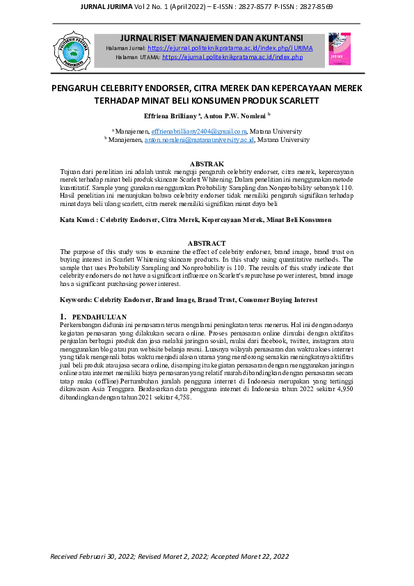 (PDF) Pengaruh Celebrity Endorser, Citra Merek Dan Kepercayaan Merek Terhadap Minat Beli ...