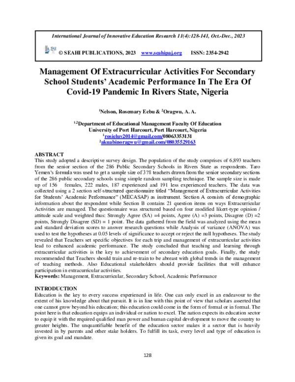 (PDF) Management Of Extracurricular Activities For Secondary School ...