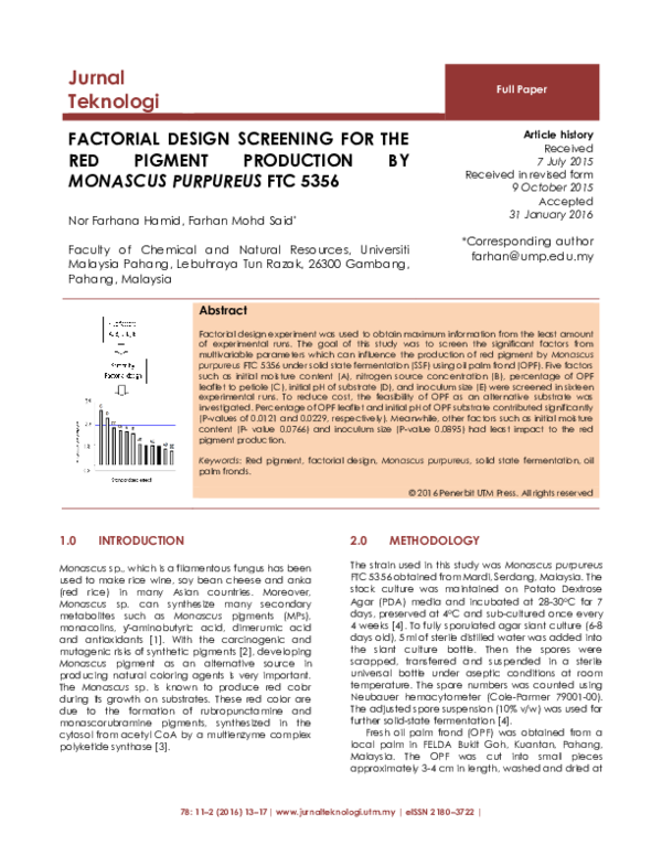 (PDF) Factorial Design Screening for the Red Pigment Production by Monascus Purpureus FTC 5356