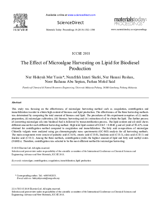 (PDF) The Effect of Microalgae Harvesting on Lipid for Biodiesel Production
